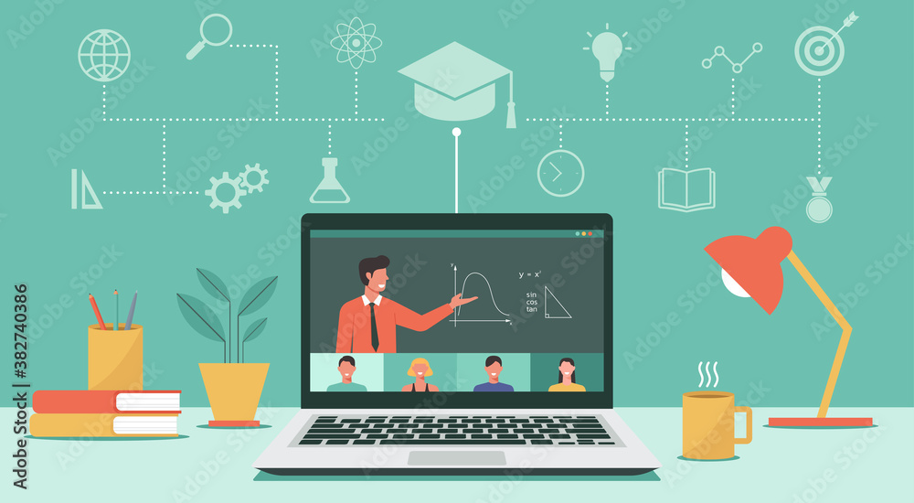 people learning online together at home via teleconference, video ...