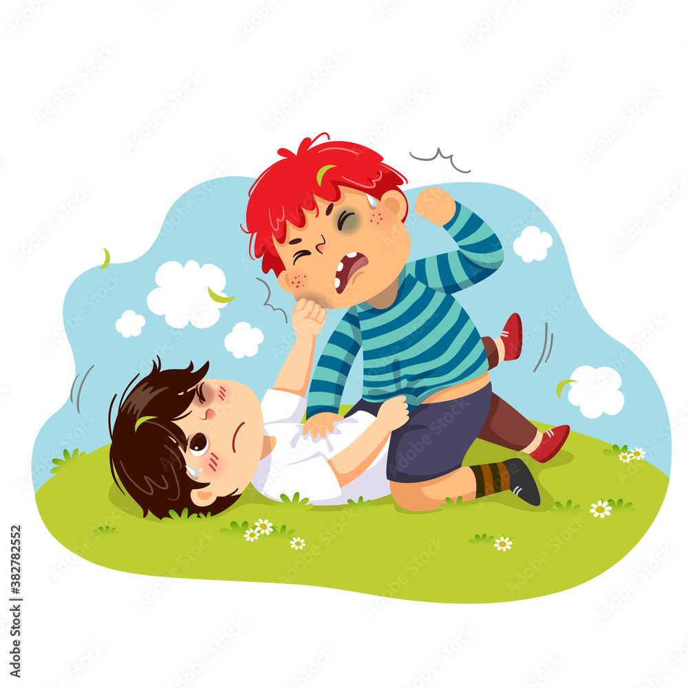 Vector illustration cartoon of two boys fighting on the green grass ...