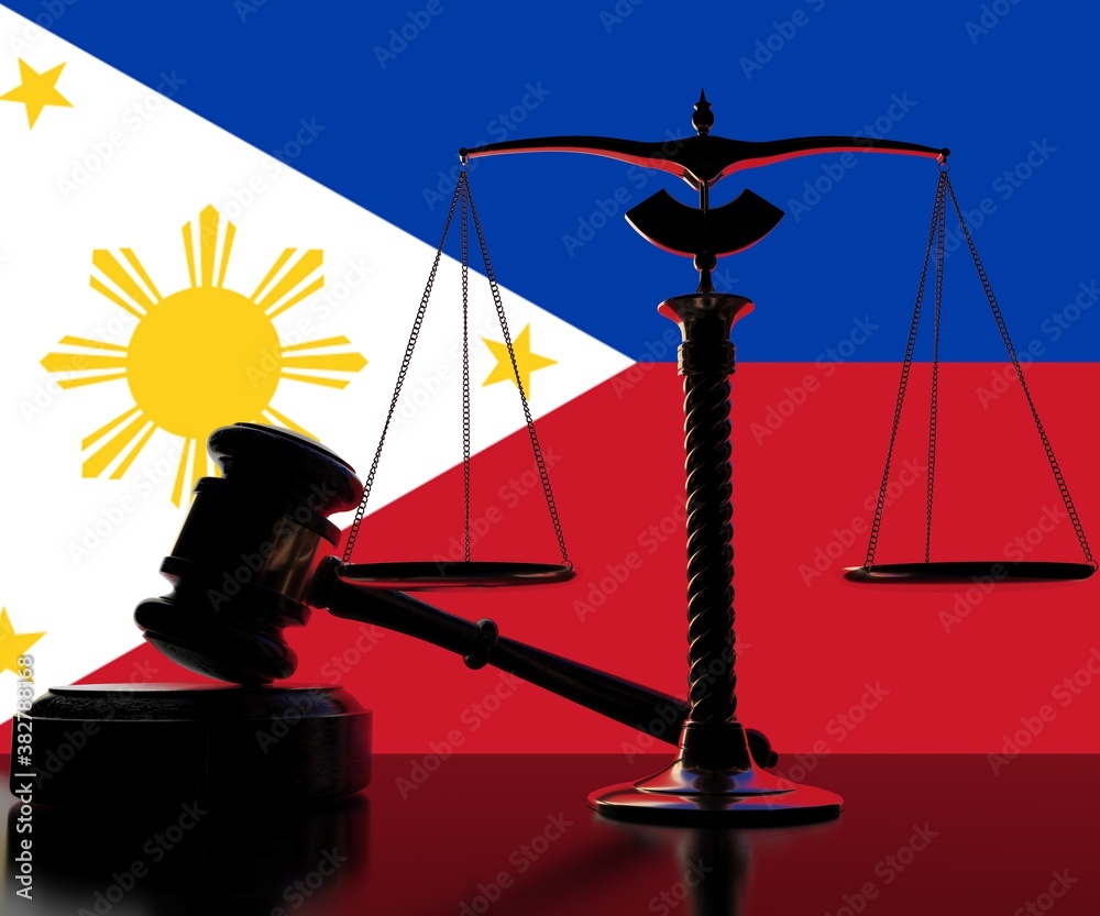 Flag of Philippines behind court gavel and balance scales. 3d rendering ...