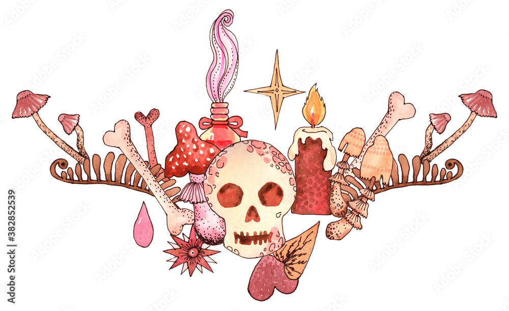 Vintage halloween round frame.Hand drawn occult watercolor border ...