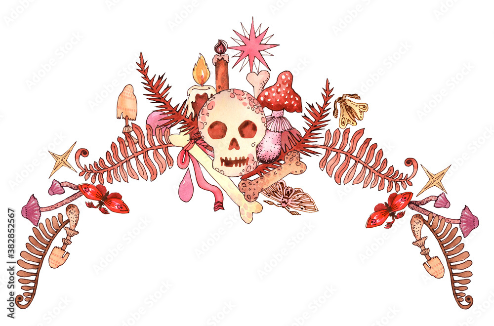 Vintage halloween round frame.Hand drawn occult watercolor border ...