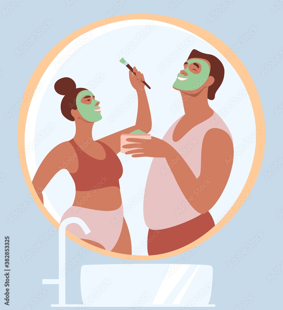 Stock-Vektorgrafik „Self-care routines. Girl & Boy in front of a mirror ...