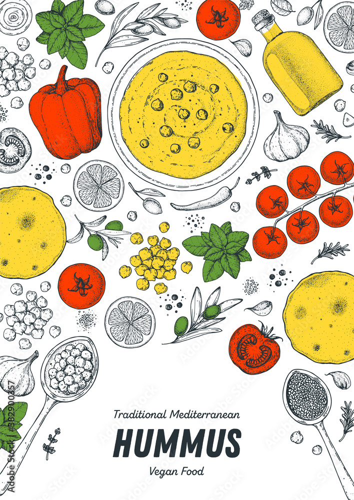 Hummus cooking and ingredients for hummus, sketch illustration. Middle ...