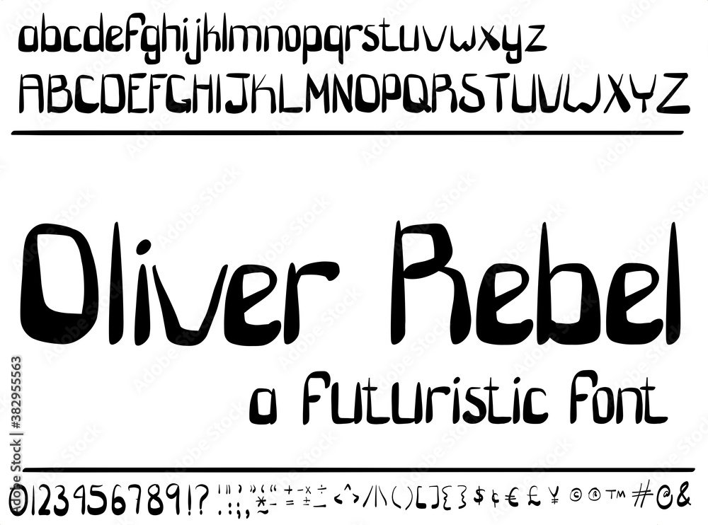 Hand drawn font. "Oliver Rebel" typeface is modern with a science ...