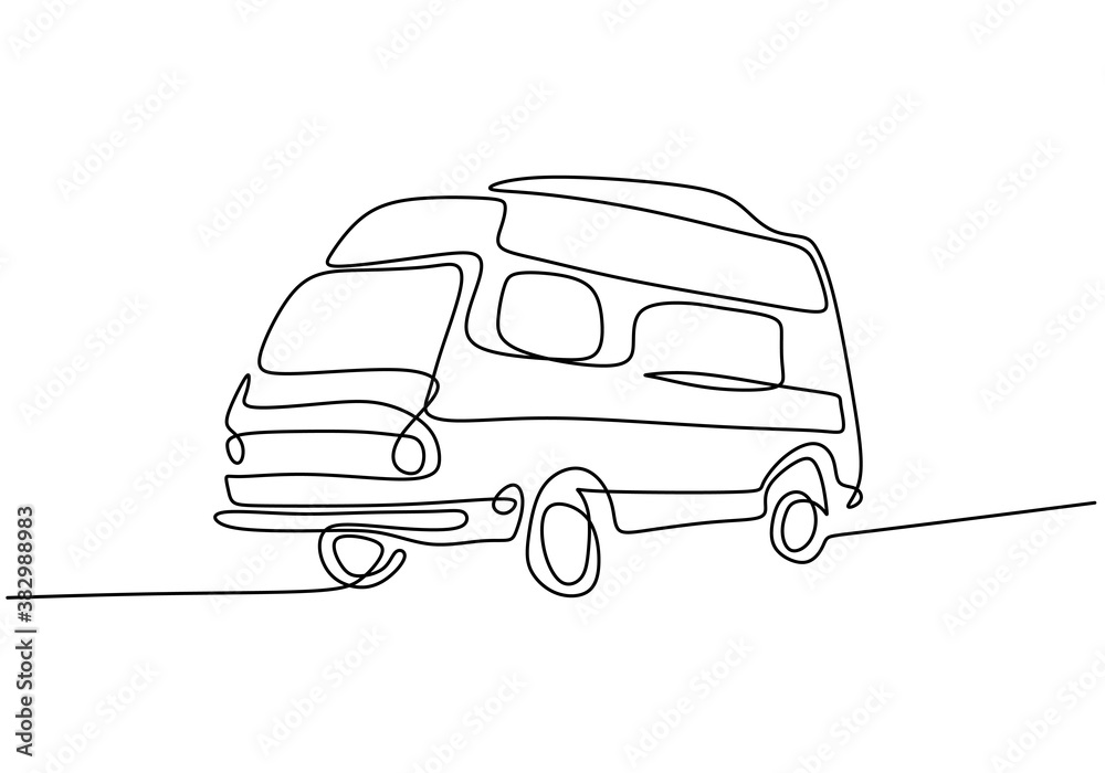 Camper continuous line drawing. A camping car for traveling isolated on ...