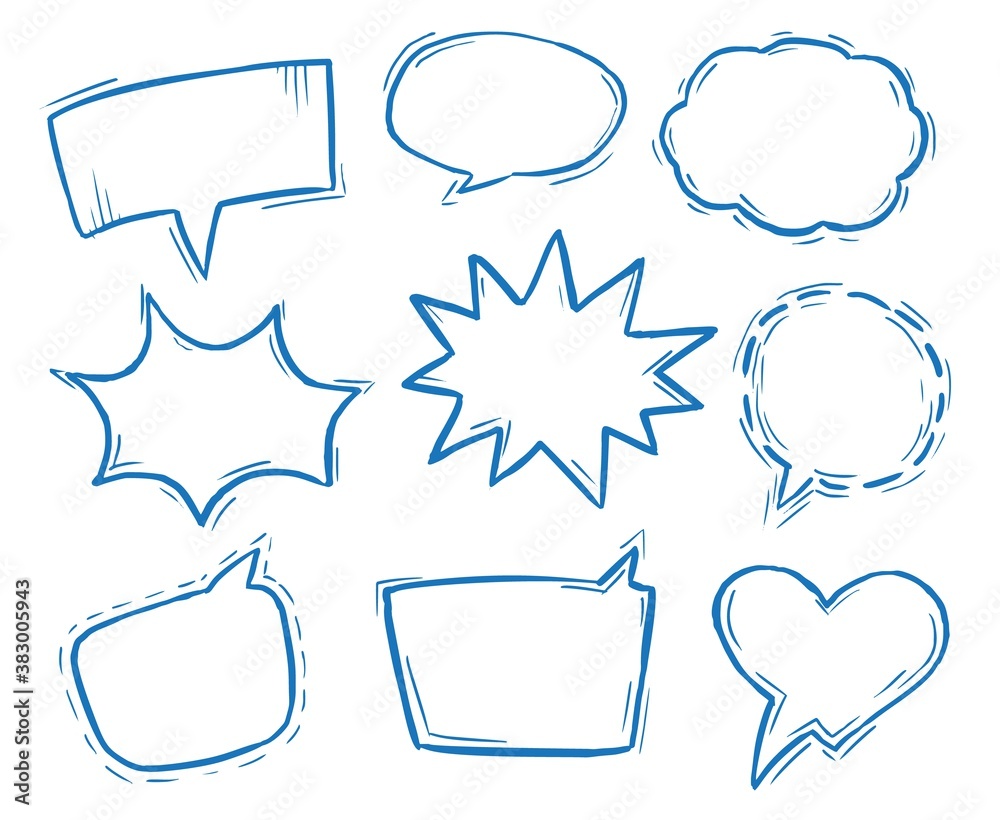 Speech bubble sticker. Hand drawn outline cloud, window box and bubble ...