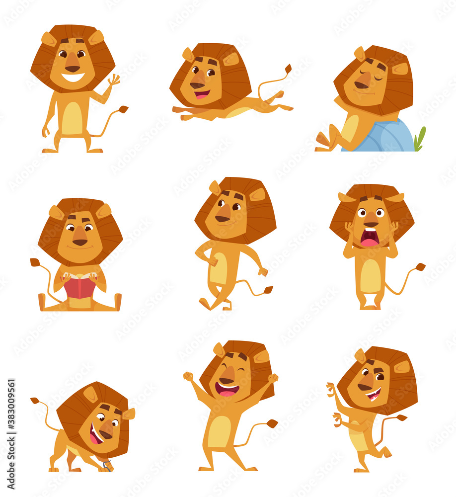 Wild lion cartoon. Cute african big lions mascot in various poses ...