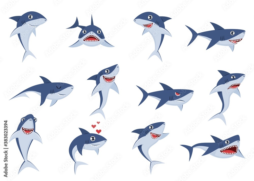 Cartoon cute sharks. Underwater characters with different emotions ...