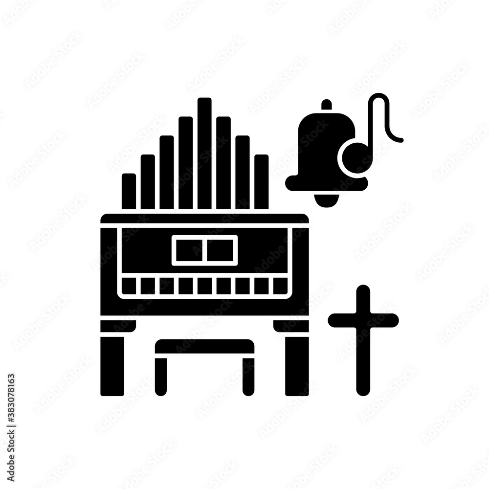 Religeous music black glyph icon. Huge organs. Piano types. Bell with ...
