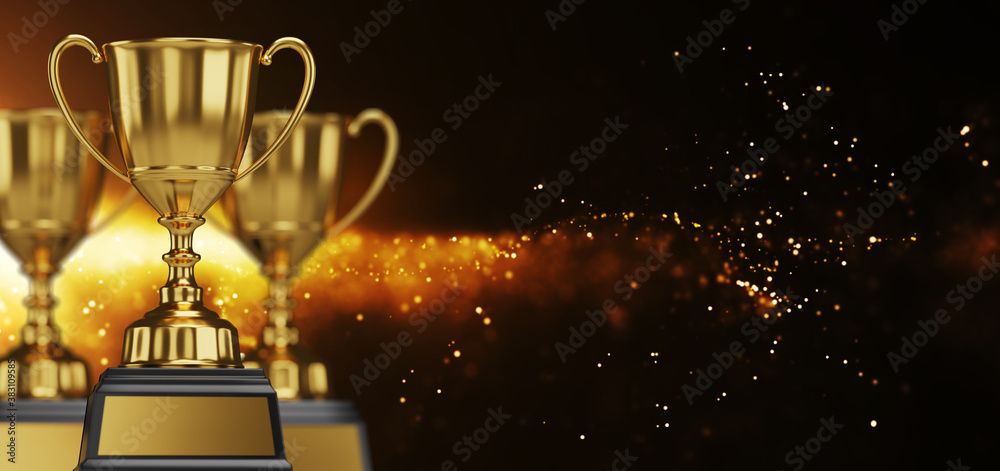 close up golden trophy award with falling confetti. copy space for text ...