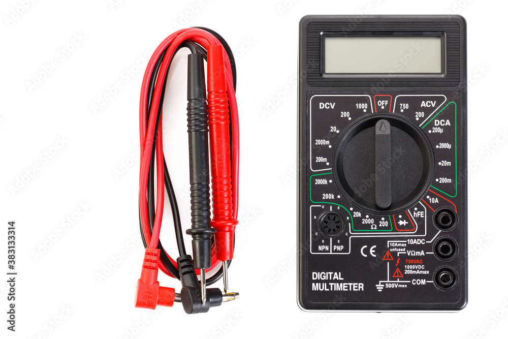 Digital electrical tester multimeter in black case isolated on white ...