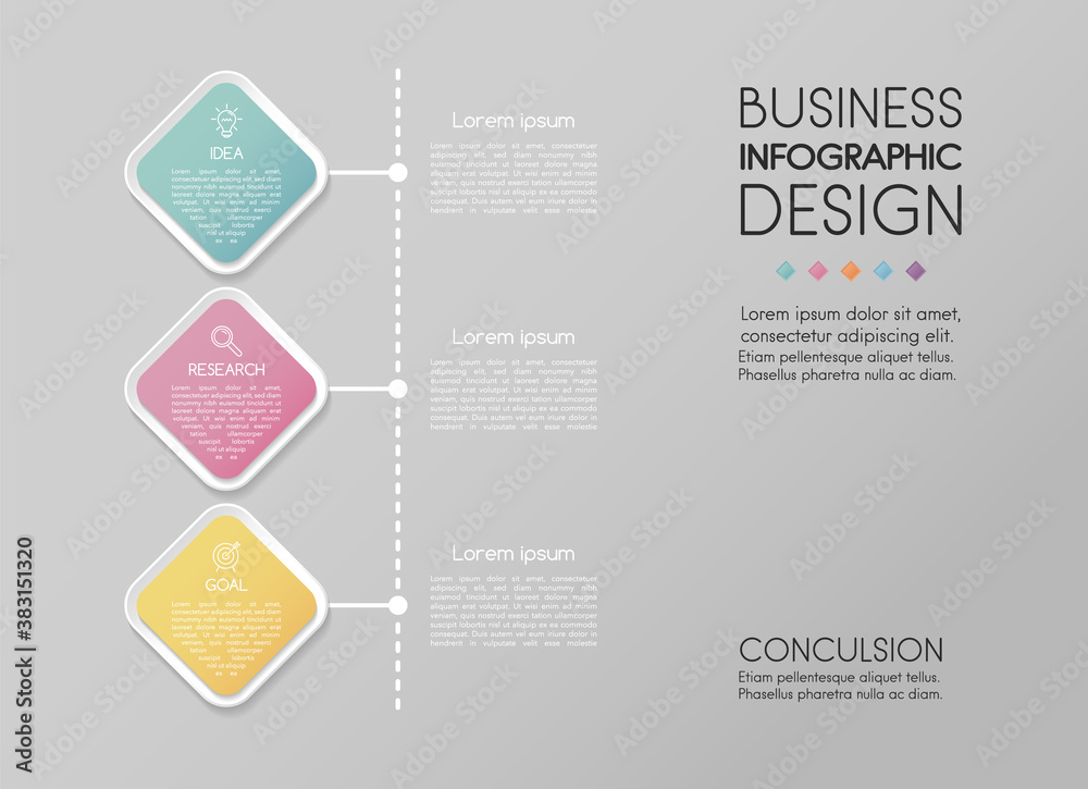 Colourful timeline infographic with 3 options. Flowchart. Vector Stock ...