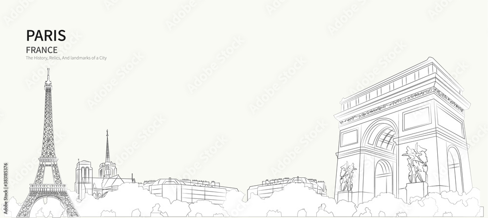 Paris cityscape line vector. sketch style France landmark illustration ...
