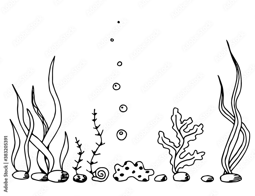 Hand-drawn simple vector drawing in black outline. Underwater world ...