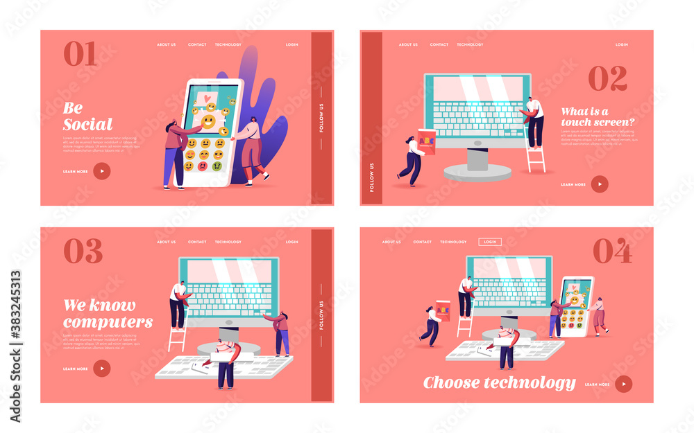 Typing, Education Technology Landing Page Template Set. Tiny Male and Female Characters at Huge ...