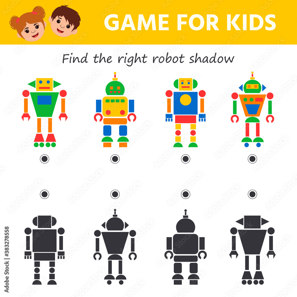 Game for kids. Find and connect the robot and its shadow. Preschool ...