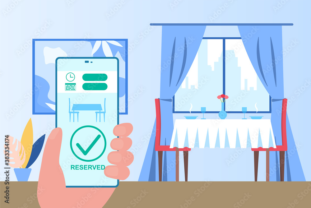 Restaurant table reservation concept. Flat cartoon colored vector ...
