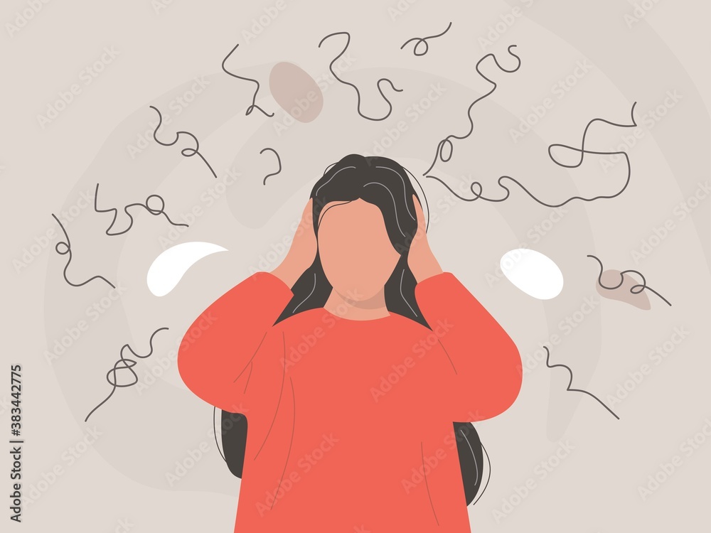 Frustrated woman with nervous problem feel anxiety and confusion of thoughts vector flat ...