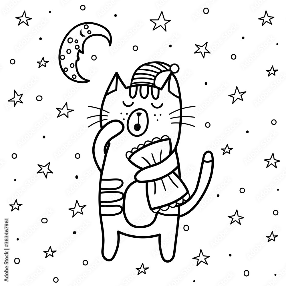Sleeping cat coloring page. Good night coloring book with moon and ...