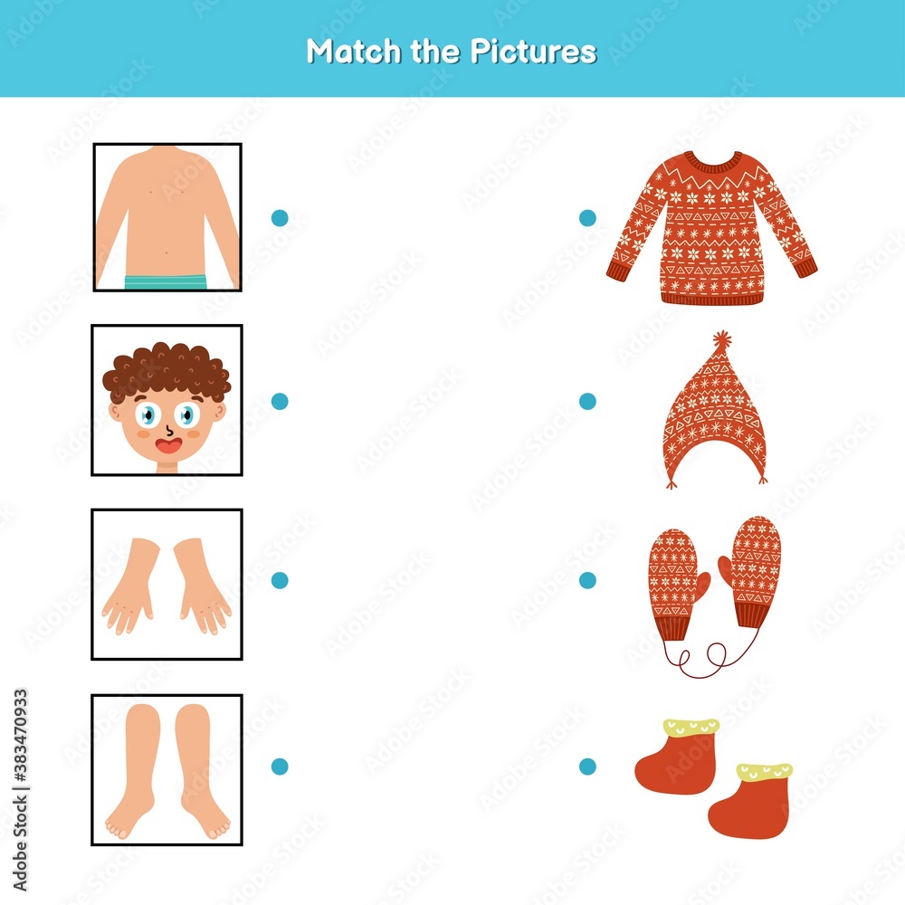 Clothes and body parts matching game for kids. Join each picture of ...
