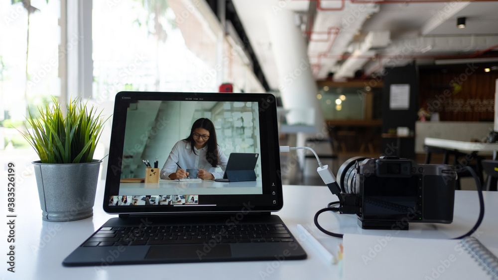 Transfer photos from camera to tablet via cable. Unmarked camera Stock ...