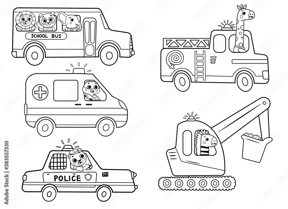 Funny coloring kids transport set with animals. School bus, ambulance ...