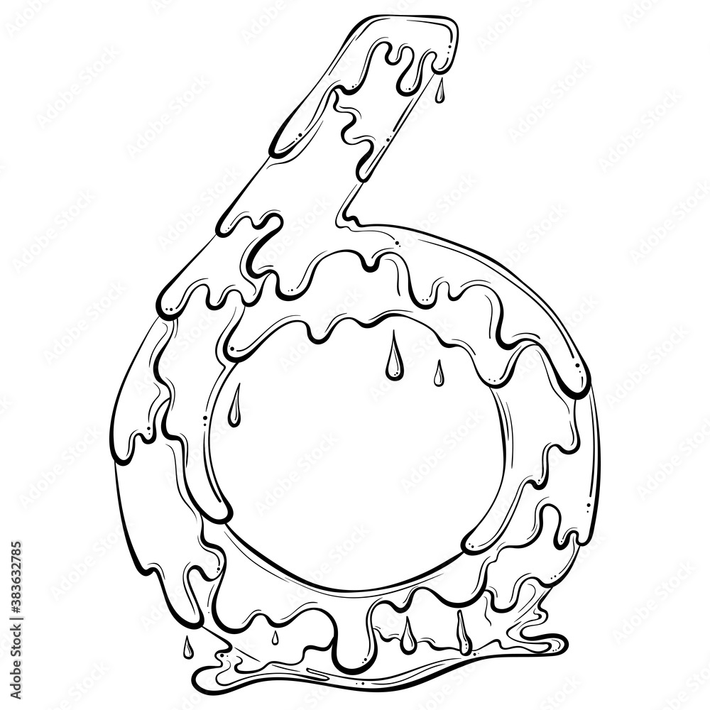 Number 6 with flow drops and goo splash. Dripping liquid symbol. Vector ...