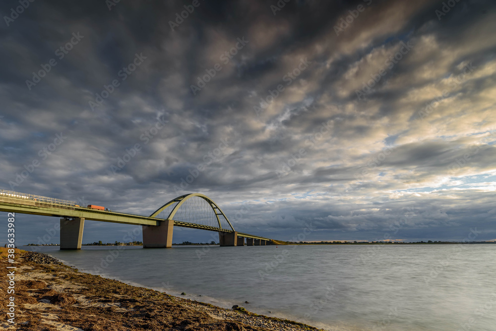Panorama view of Fehmarn Sound Bridge in sunset (Fehmarnsundbrücke ...