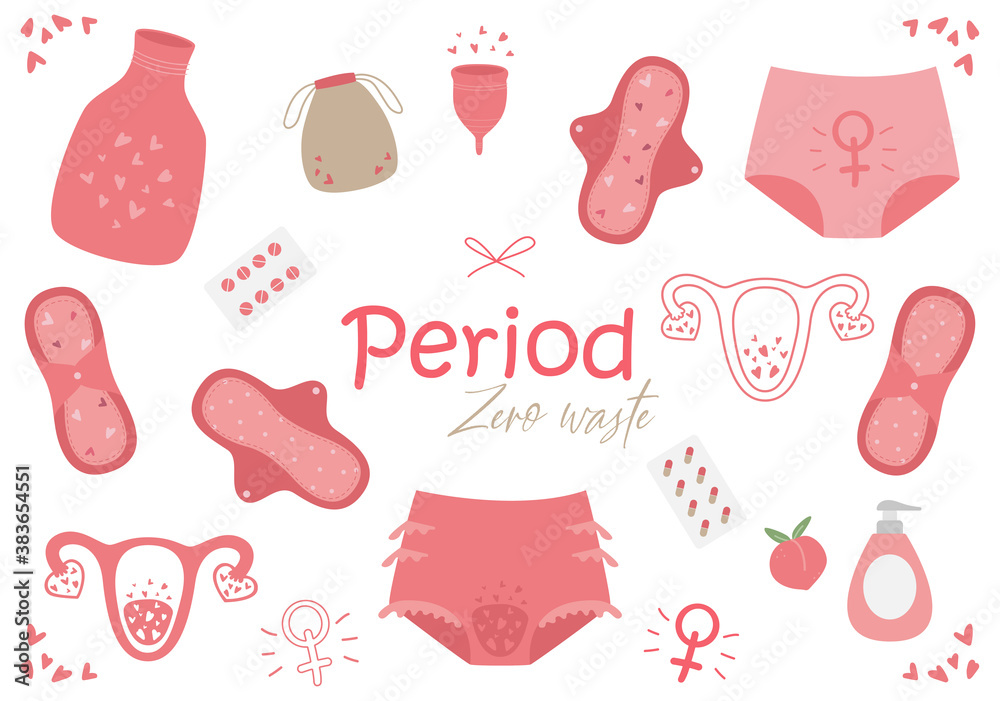 Menstrual period. Various female hygiene product. Set of hand drawn ...