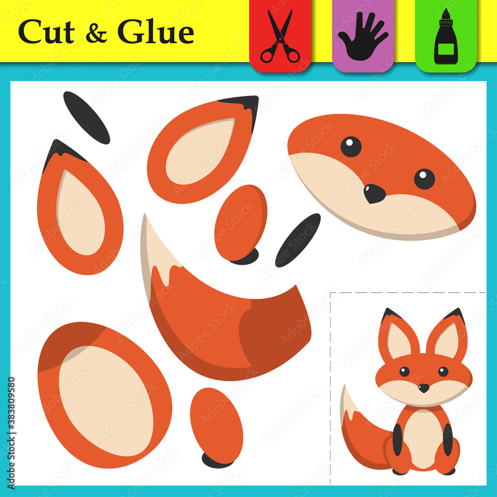 Paper game for kids. Create the applique cute Fox. Cut and glue. Forest ...