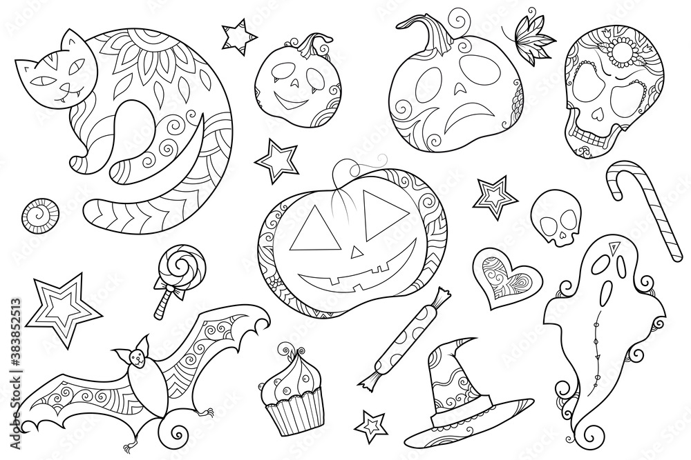 Zen doodle Halloween clipart with cat, pumpkins, sweets and other ...