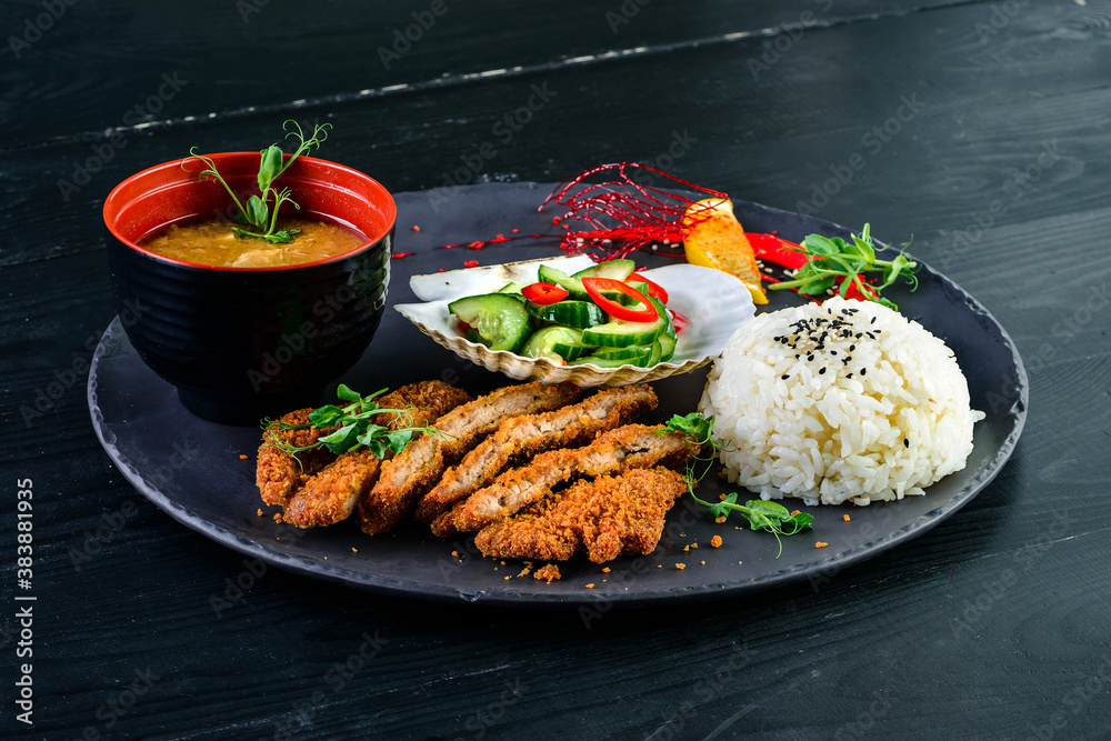 Japanese lunch set food. deep fried chicken or karake with teriyaki ...