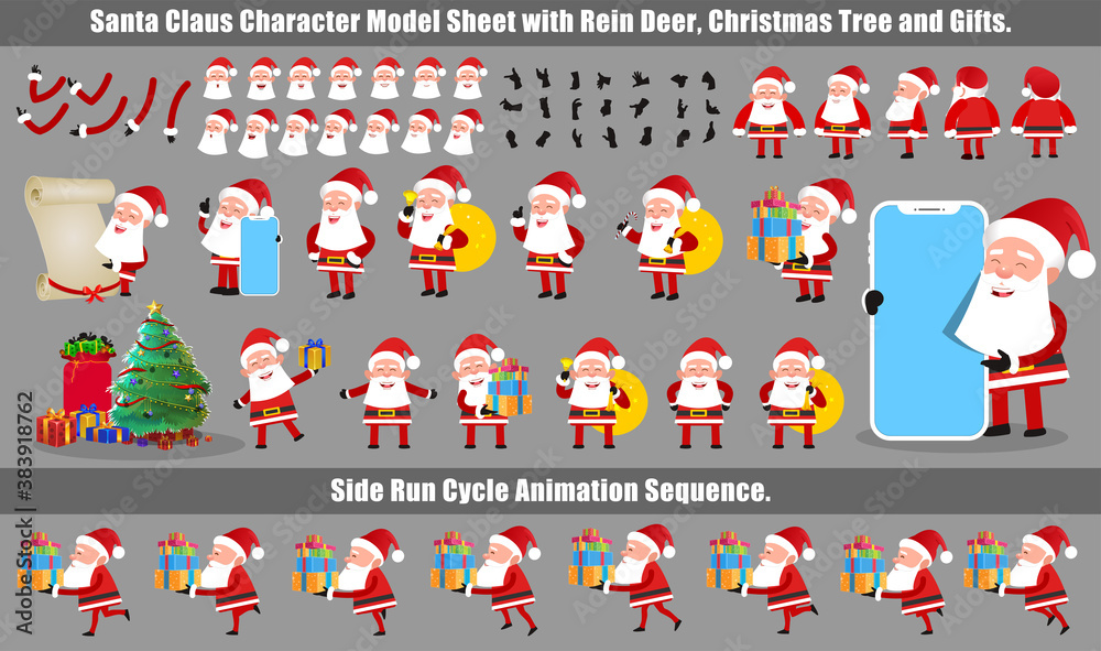 Christmas Santa Claus Character Design Model Sheet with walk cycle and ...