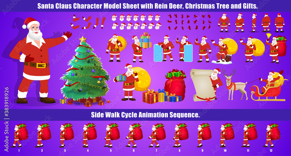 Christmas Santa Claus Character Design Model Sheet with walk cycle and ...
