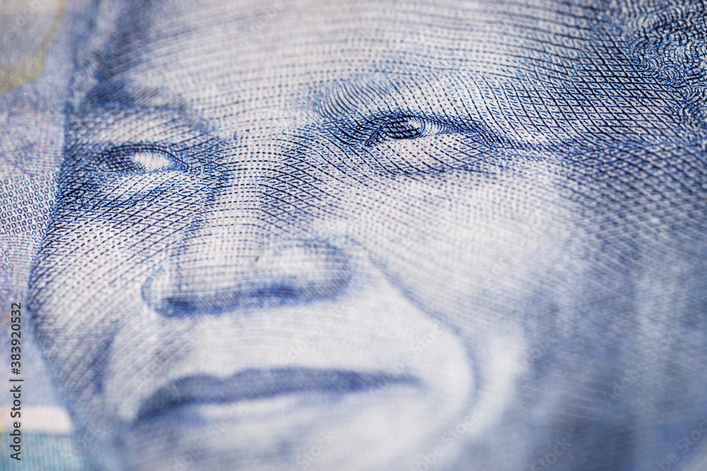 Horizontal marco detail of the image of Nelson Mandela in the obverse ...