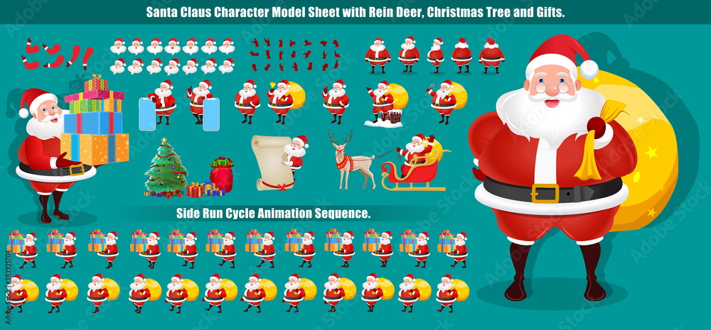 Christmas Santa Claus Character Design Model Sheet with walk cycle and ...