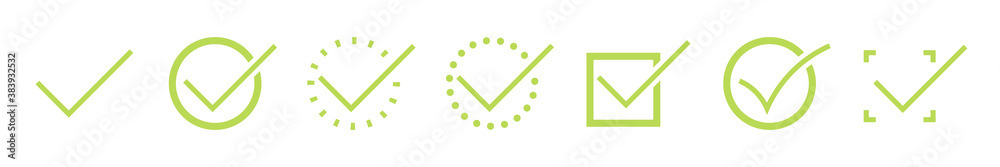 Green check mark icon set. Circle and square. Tick symbol in green ...