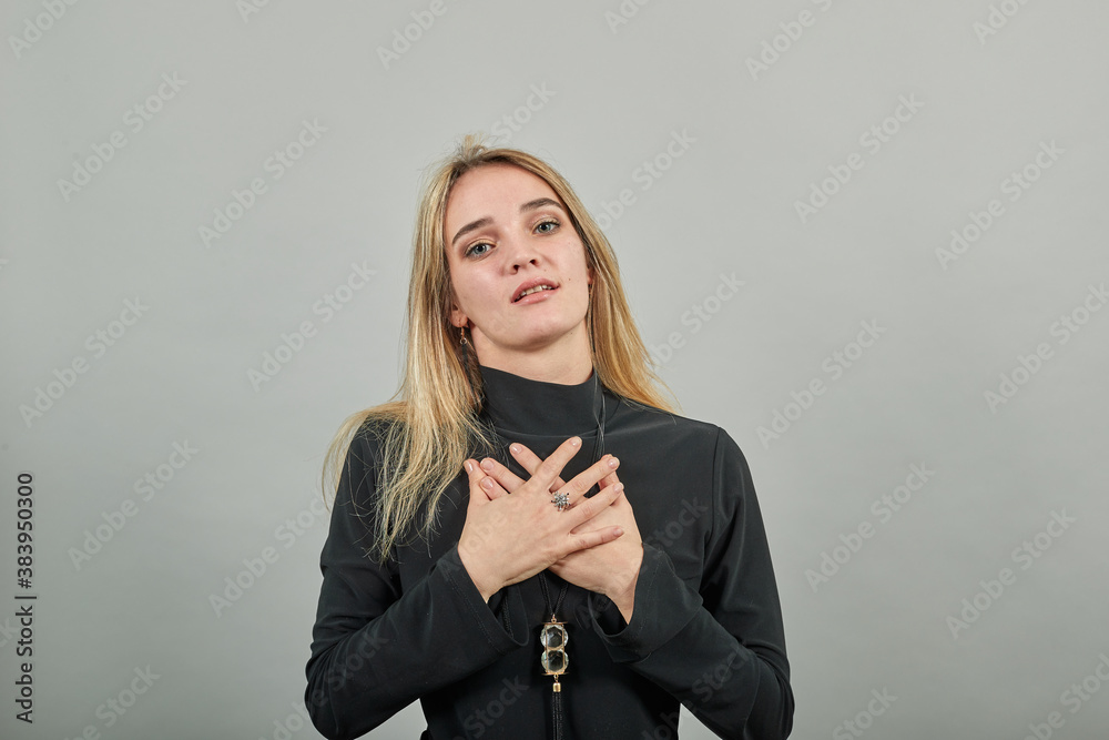 Hand on chest, busy laughing with one arm against thorax. Excited ...