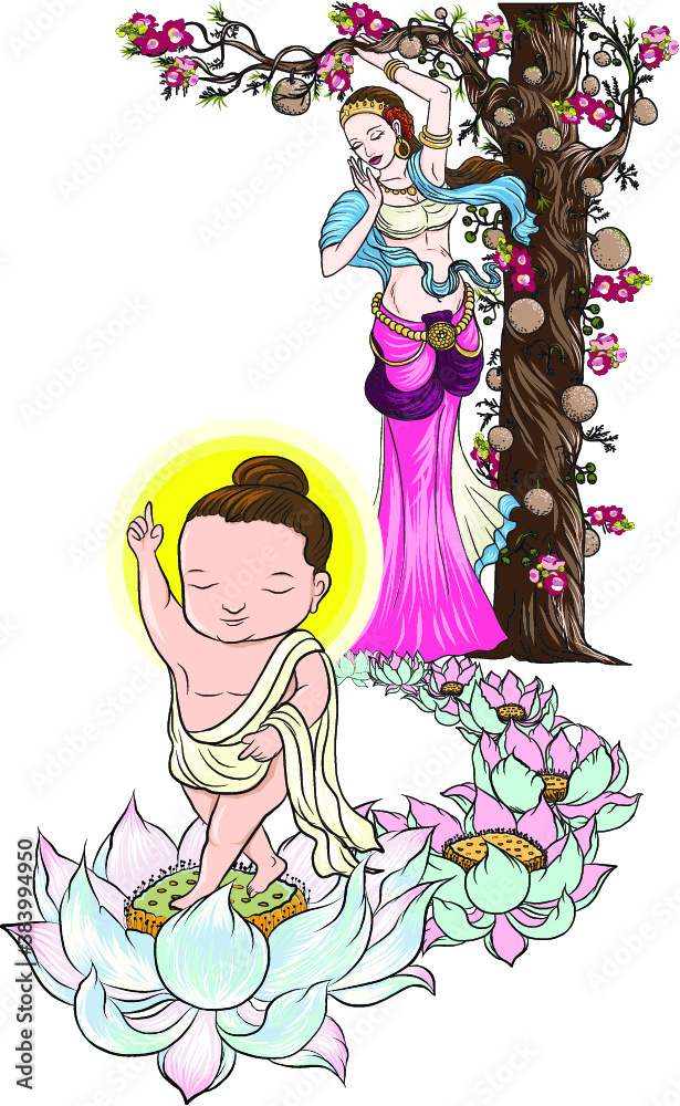 Buddha's mother standing under the cannon Ball Tree with little Lord ...