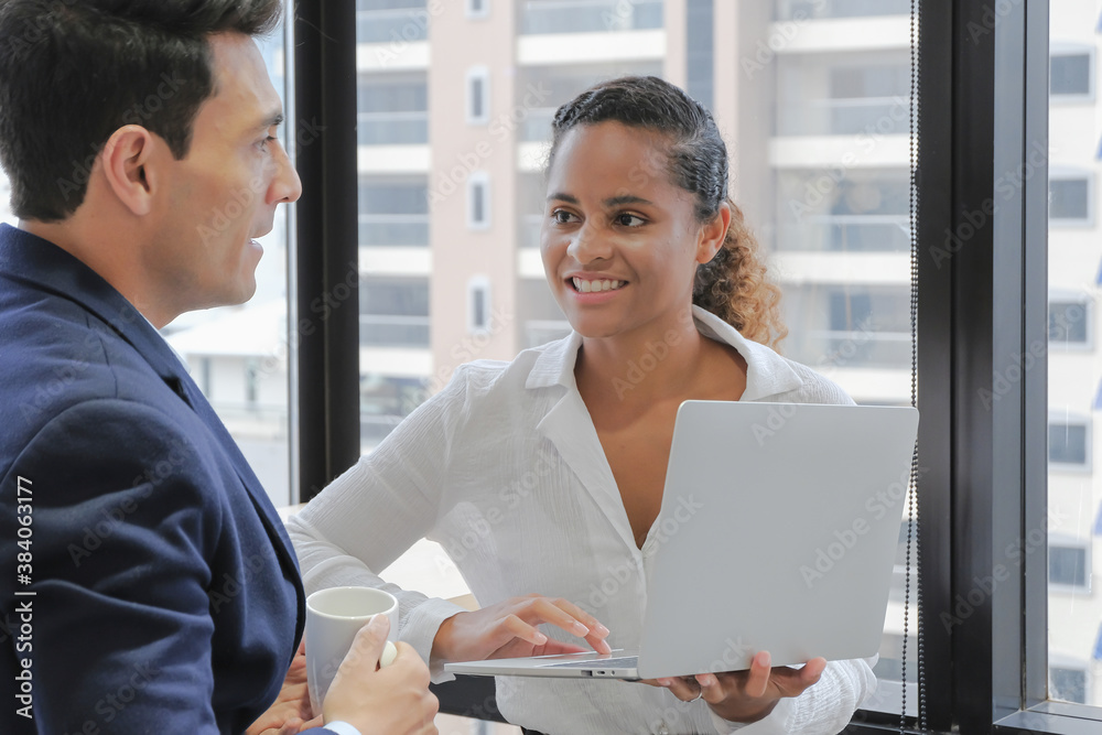 Smiley american black business woman happy and concentrated to listen ...