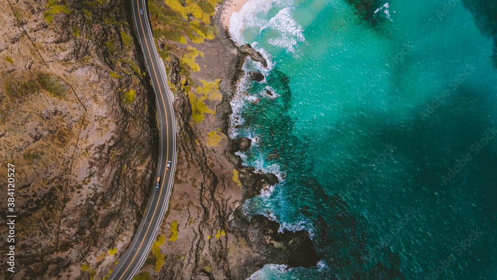Aerial Road by the sea, East Oahu coast, Hawaii. Kalanianaʻole Hwy ...