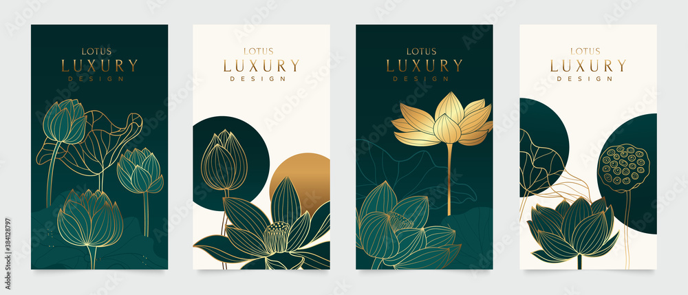 Luxury cover design template. Lotus line arts hand draw gold lotus ...
