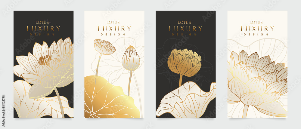Luxury cover design template. Lotus line arts hand draw gold lotus ...