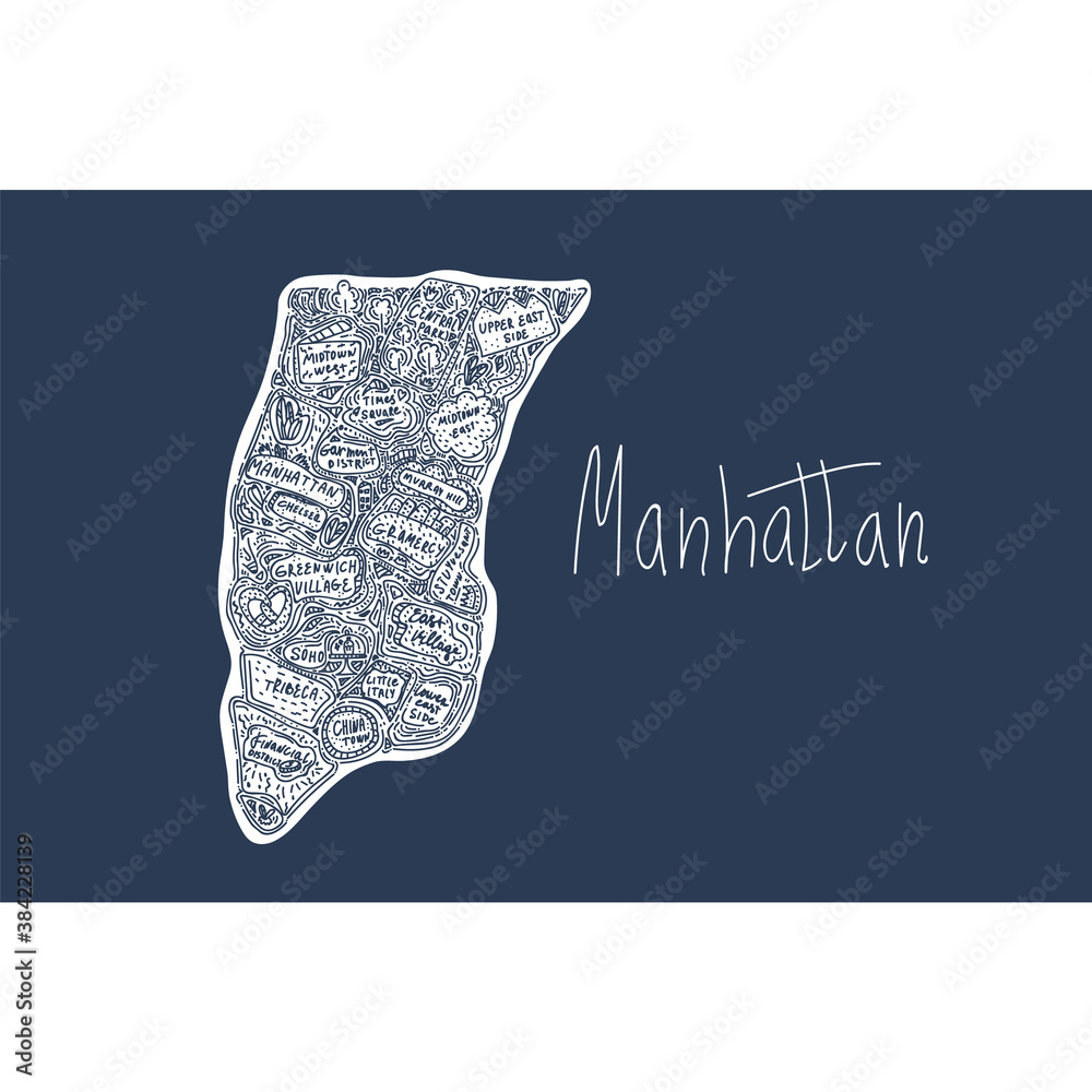 Vector map of Manhattan new York USA. Flat hand-drawn illustration on a ...