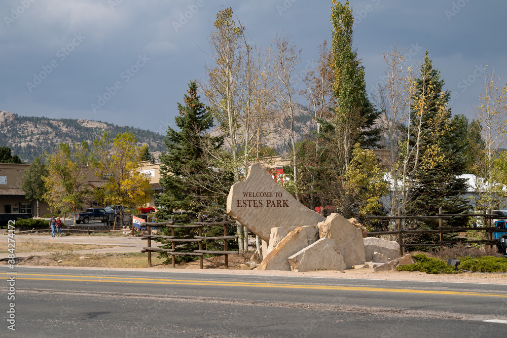 Welcome to Estes Park sign, this is a gateway town to Rocky Mountain ...