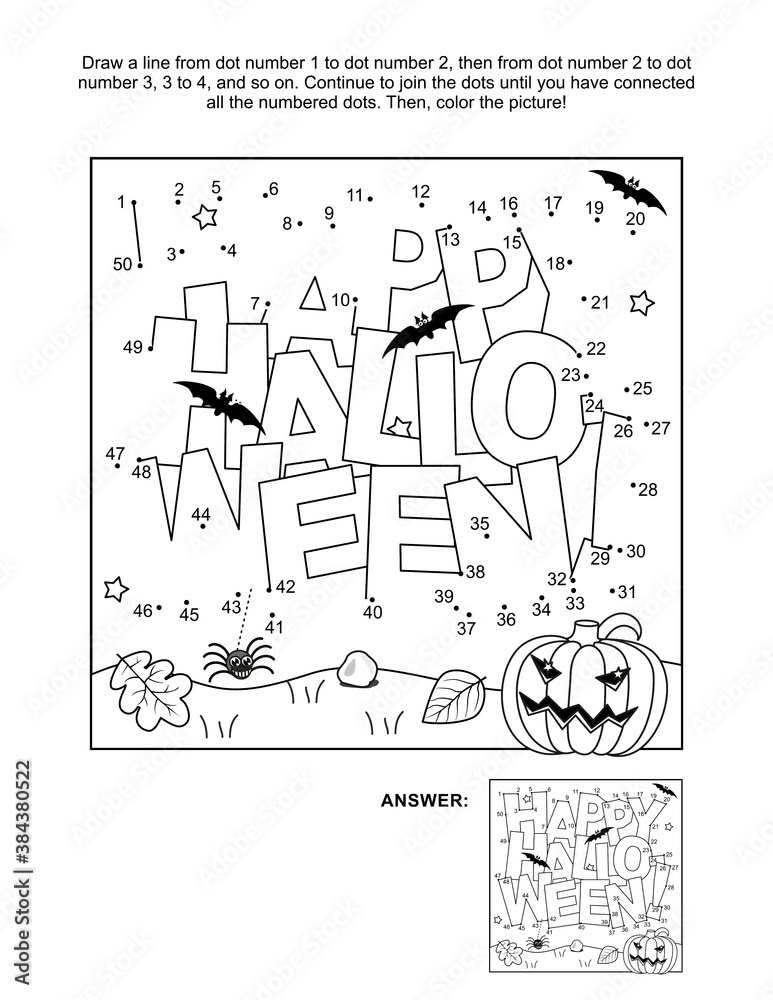 Greeting text "Happy Halloween!" connect the dots puzzle and coloring ...