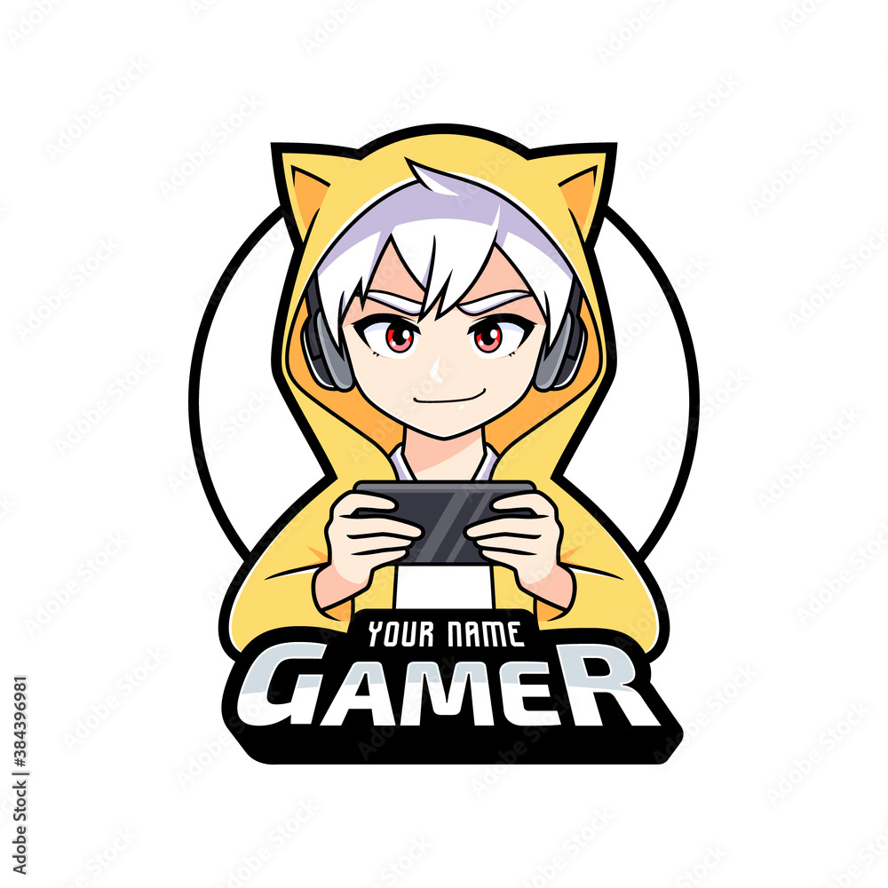 เวกเตอร์ Stock Gamer anime boy playing on smart phone esport logo ...