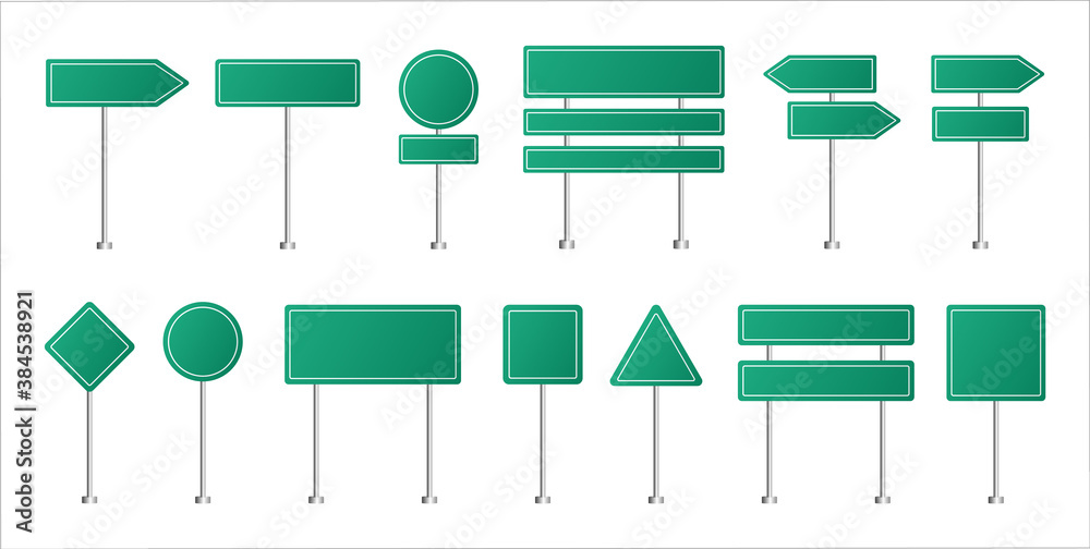 et of road signs. Empty traffic signs. Green road signposts. Route ...