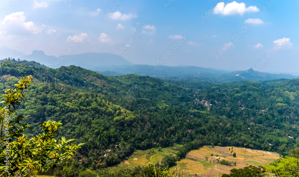 A view of the jungle and mountains from a train after leaving the ...