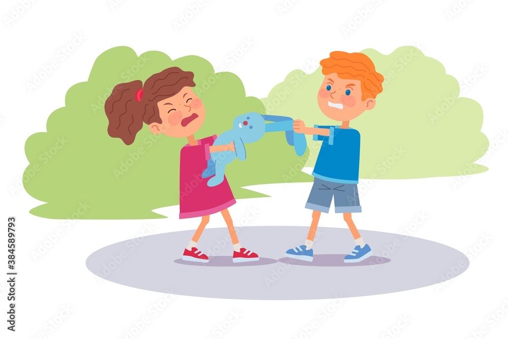 Bad kids arguing and pulling toy. Angry little boy and girl fighting ...